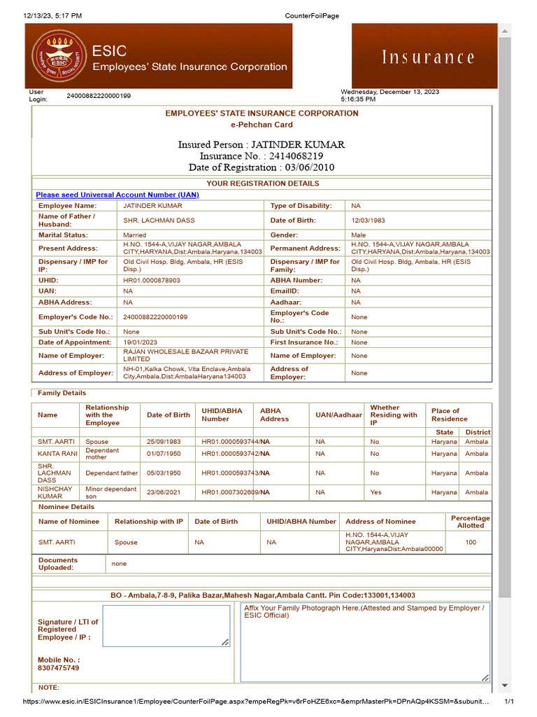 ESIC e-Pehchan Card Details for Jatinder Kumar | PDF | Social Security ...