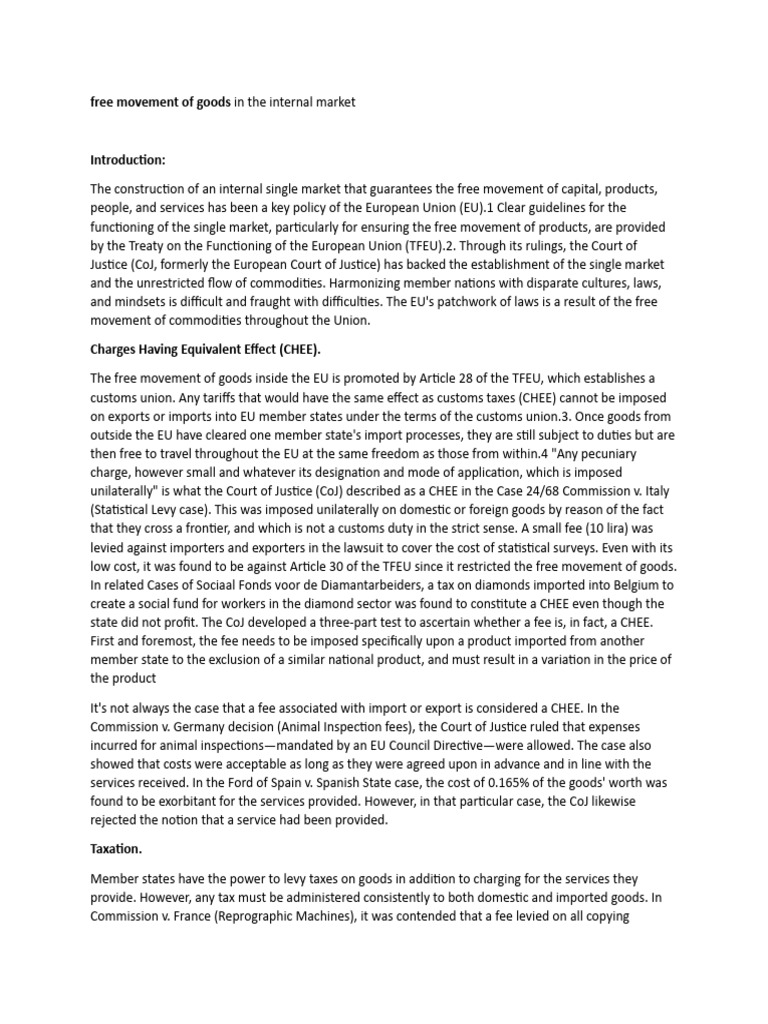 Free Movement of Goods Essay | PDF | Taxes | Customs