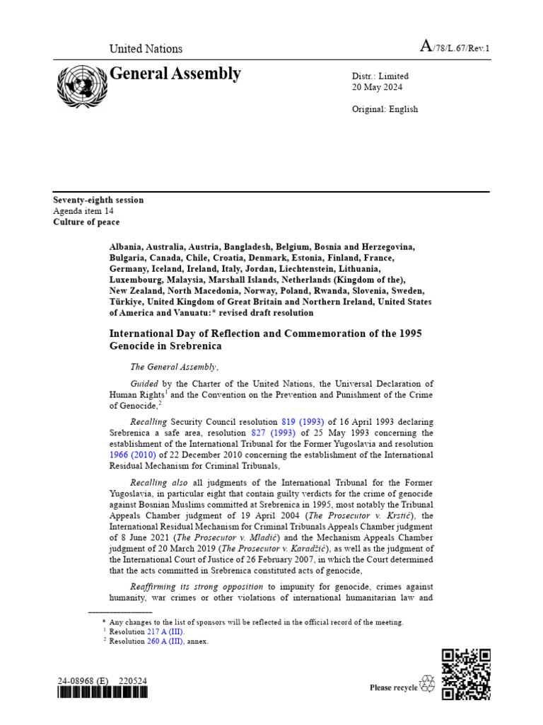 Rezolucija o Genocidu U Srebrenici | PDF | Genocides | Crimes Rezolucija o Genocidu U Srebrenici | PDF | Genocides | Crimes