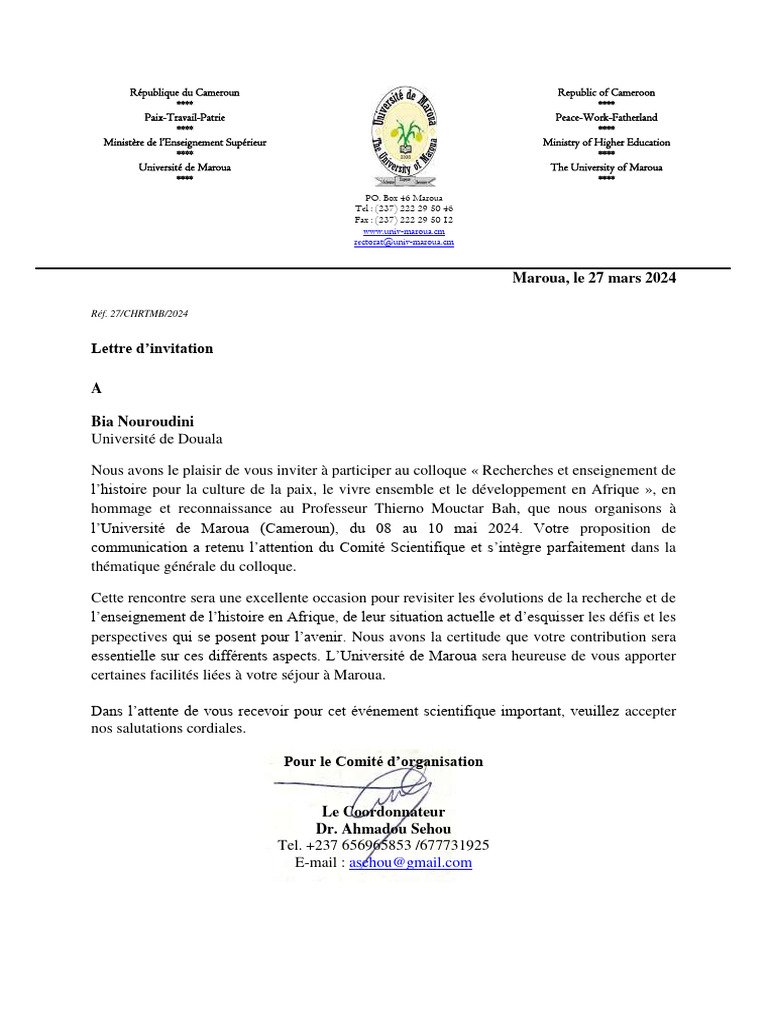 BIA NOUROUDINI - Lettre D'invitation Au Colloque de Maroua | PDF