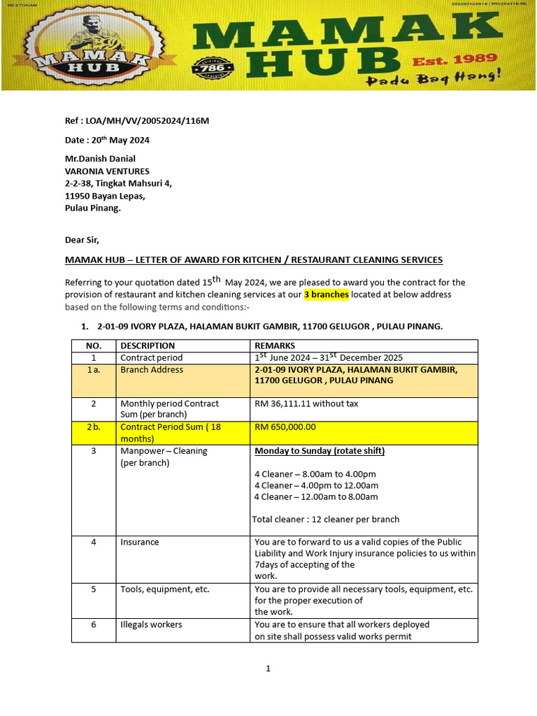 Letter of Award (Mamak Hub) | PDF | Insurance | Business Law