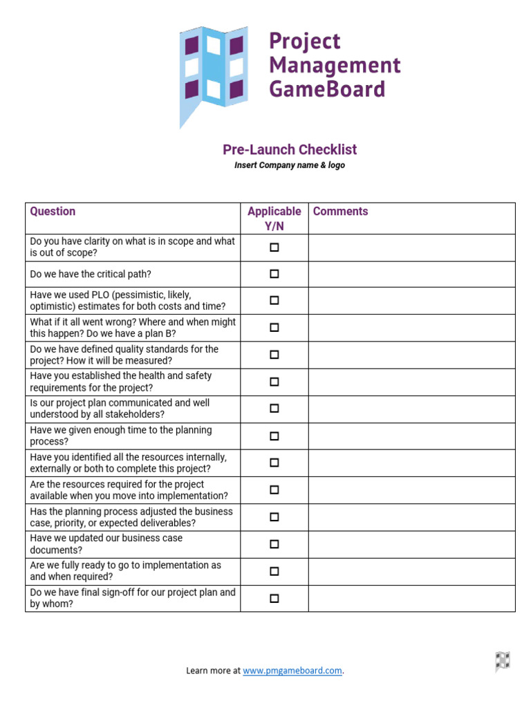 Project Management GameBoard - Pre-Launch Checklist | PDF