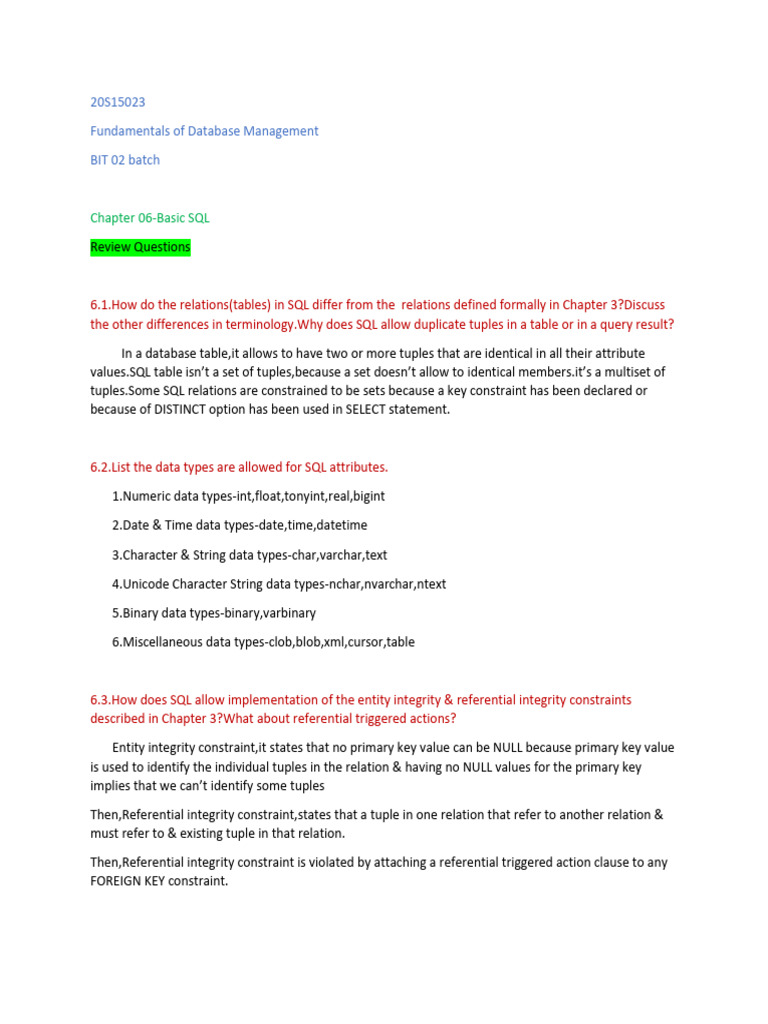 20S15023 FDM Review Questions Exercises PDF | PDF | Relational Database | Sql