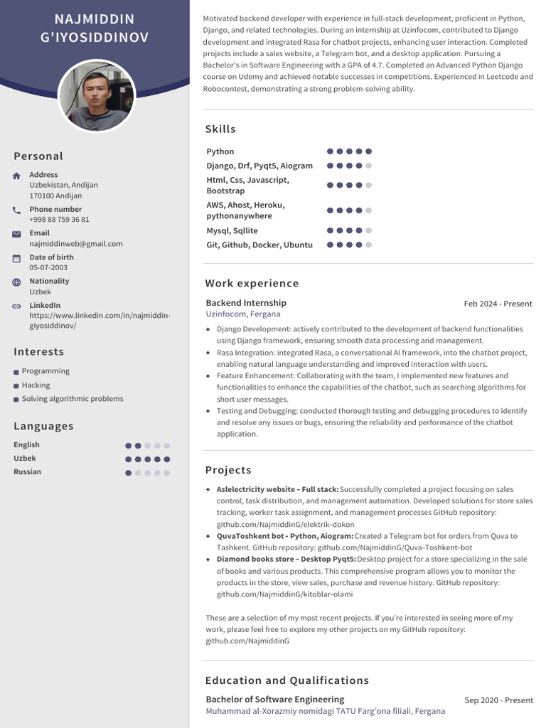 CV Najmiddin G'Iyosiddinov #1 | PDF | Computing | Information Technology