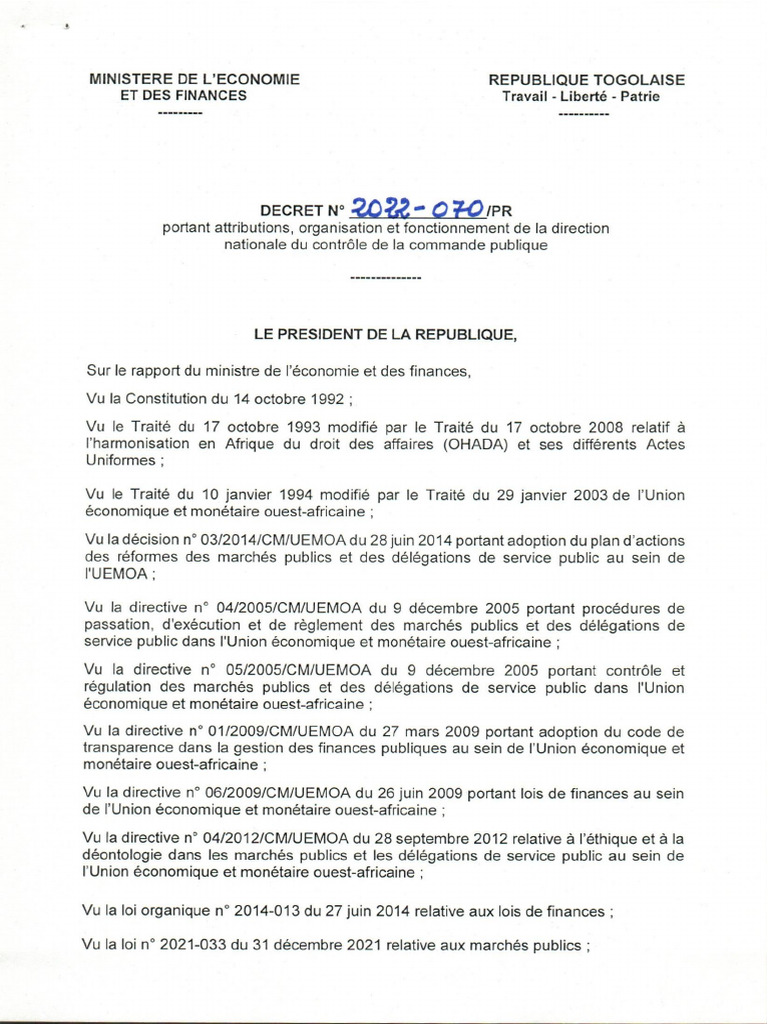 Decret Portant Attributions Organisation Et Fonctionnement de La DNCCP ...