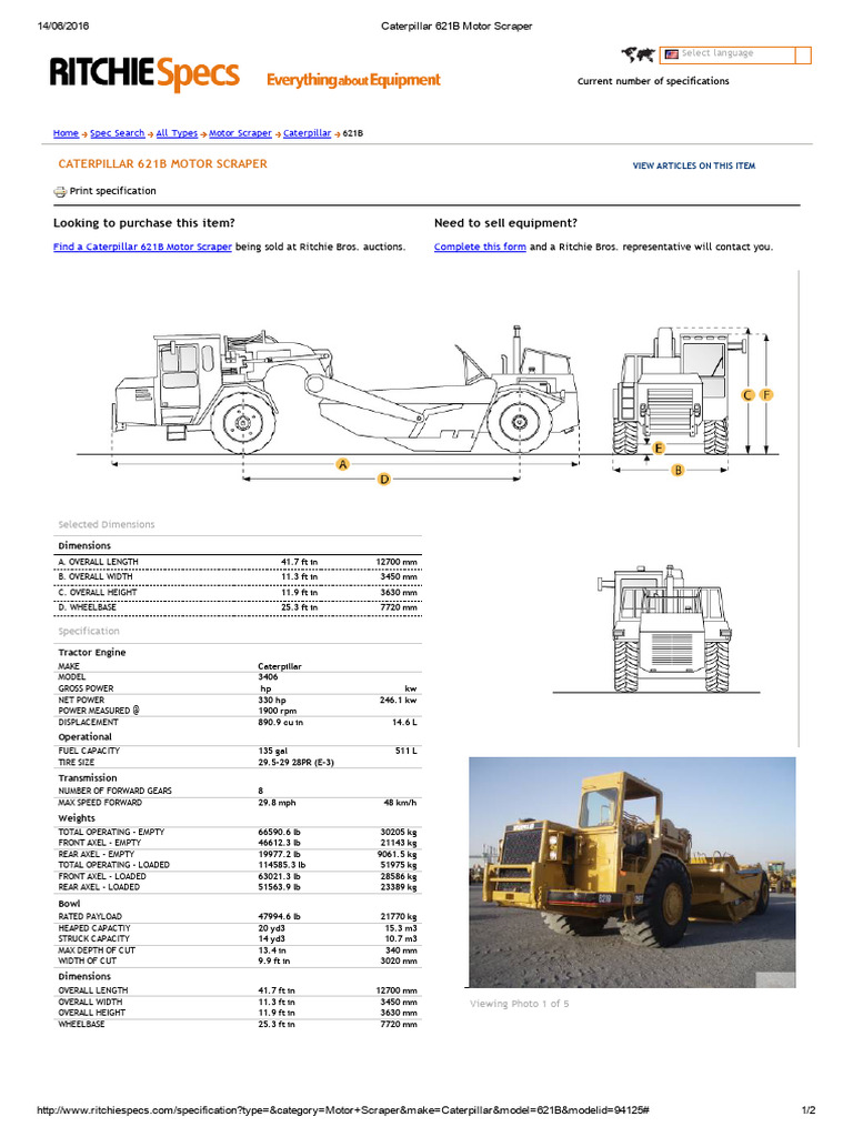 Caterpillar 621B Motor Scraper Specs | PDF | Horsepower | Length