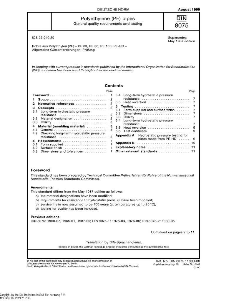 Din-8075 - Polyethylene Pipes Pe (& Pe-Hd) - General Quality ...