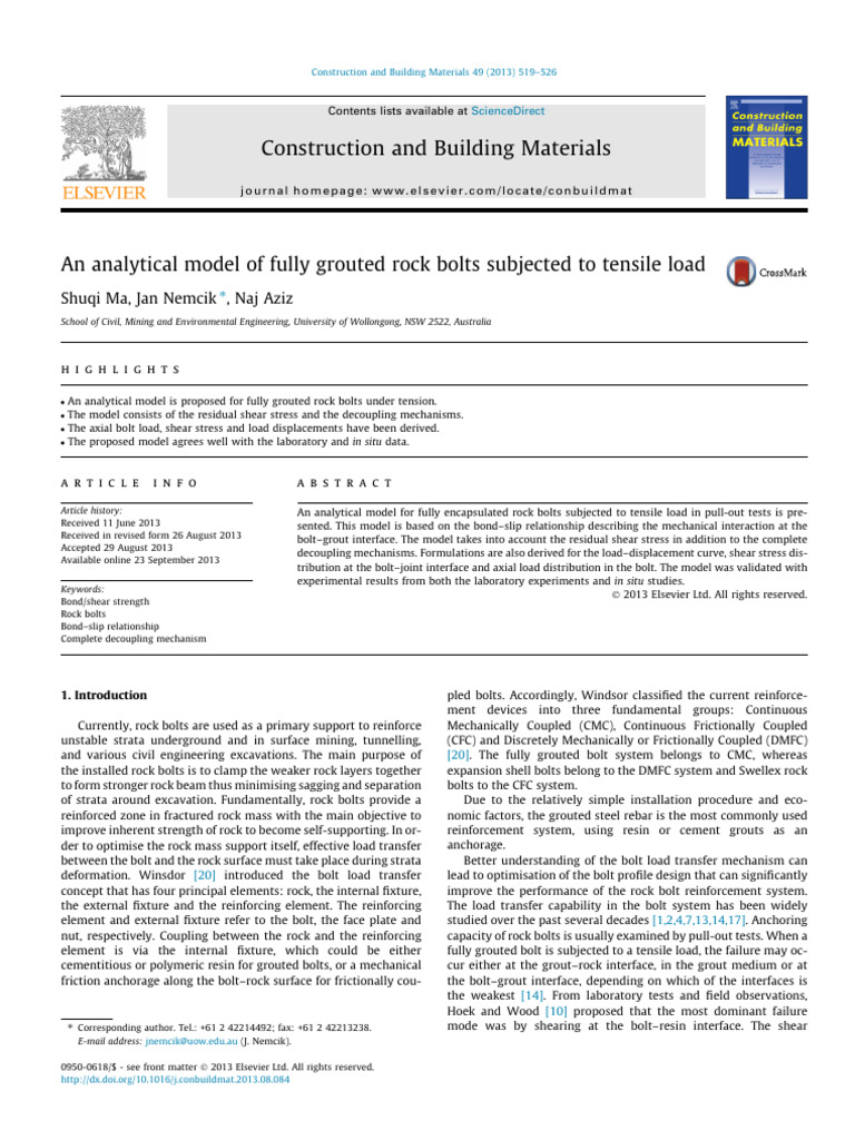 Model for Fully Grouted Rock Bolts | PDF | Stress (Mechanics ...