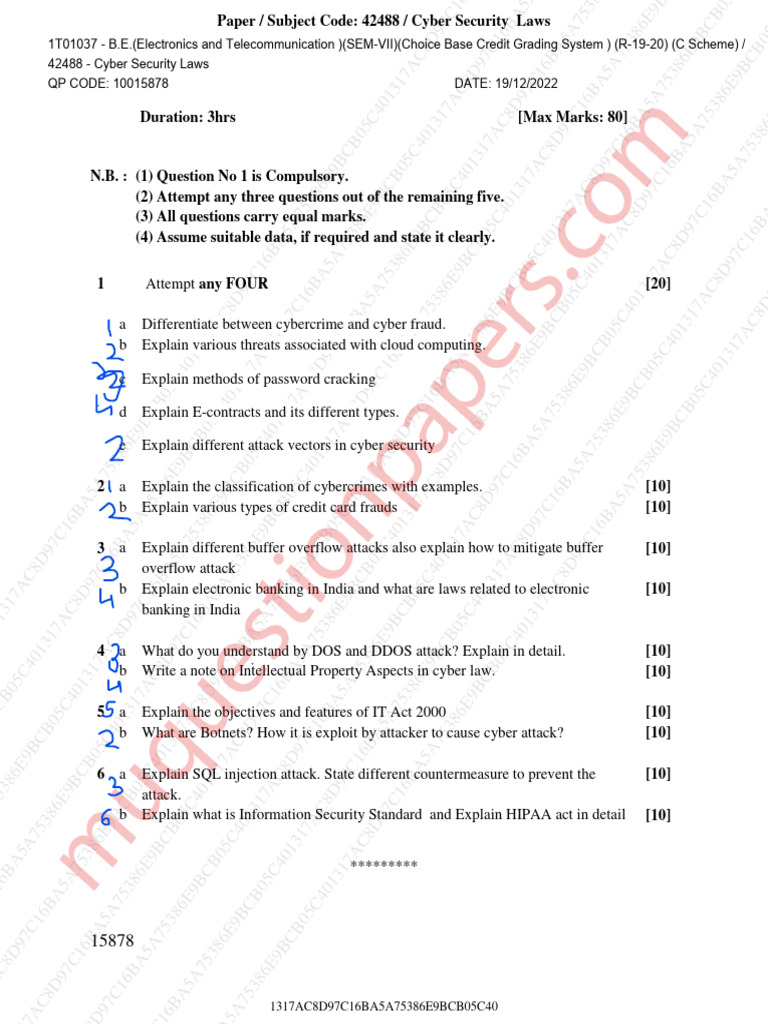 Be - Electronics and Telecommunication - Semester 7 - 2022 - January - Iloc I Cyber Security and ...