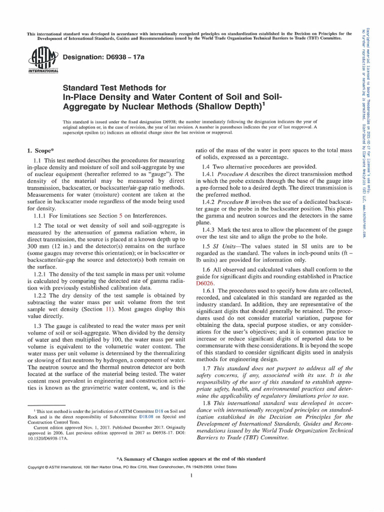 ASTM D 6938-17a - IN-PLACE DENSITY & W.C. OF SOIL AND SOIL-AGGREGATE NUCLEAR METHOD | PDF