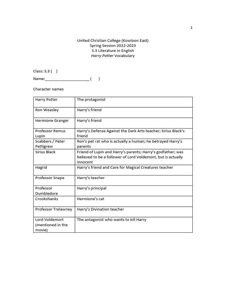 S.3 Harry Potter Vocabulary Guide | PDF