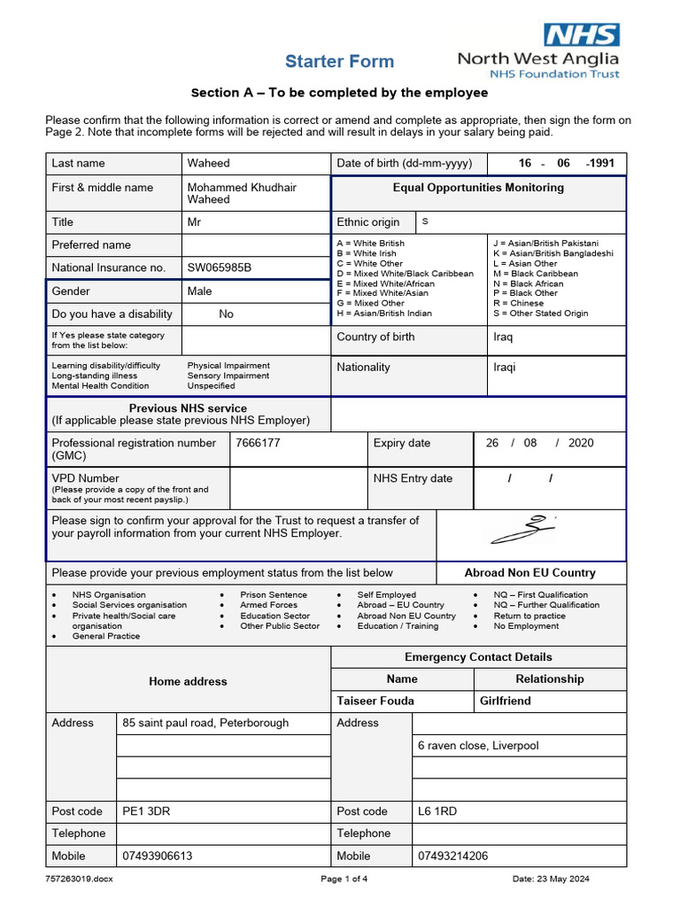 New Starter Form | Download Free PDF | Disability | National Health Service
