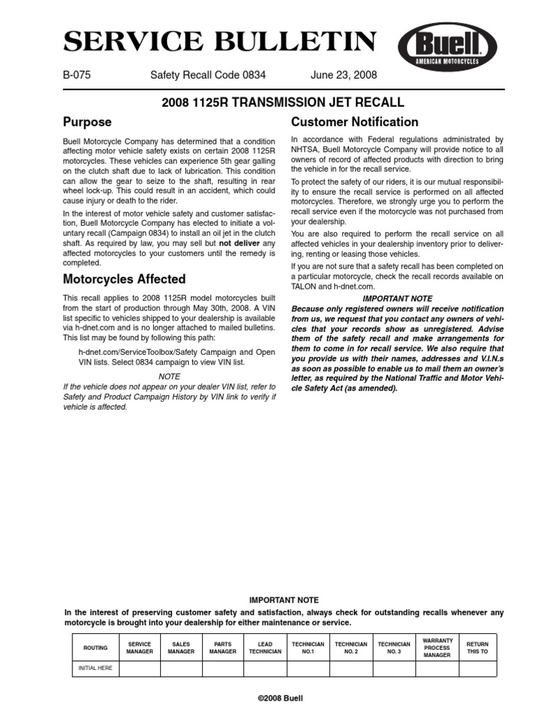 B075 2008 1125R Transmission Jet Recall | PDF | Nut (Hardware) | Clutch