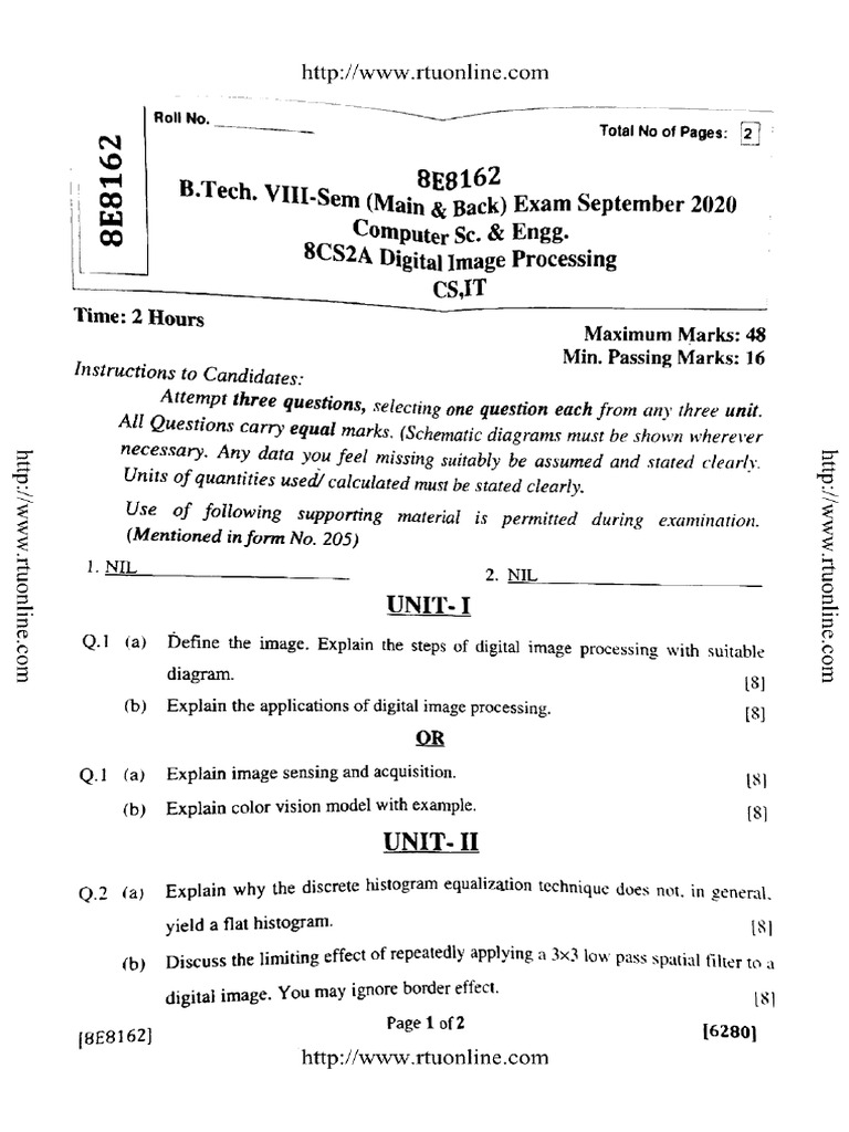 Btech Cs It 8 Sem Digital Image Processing 8e8162 Sep 2020 | PDF Btech Cs It 8 Sem Digital Image Processing 8e8162 Sep 2020 | PDF