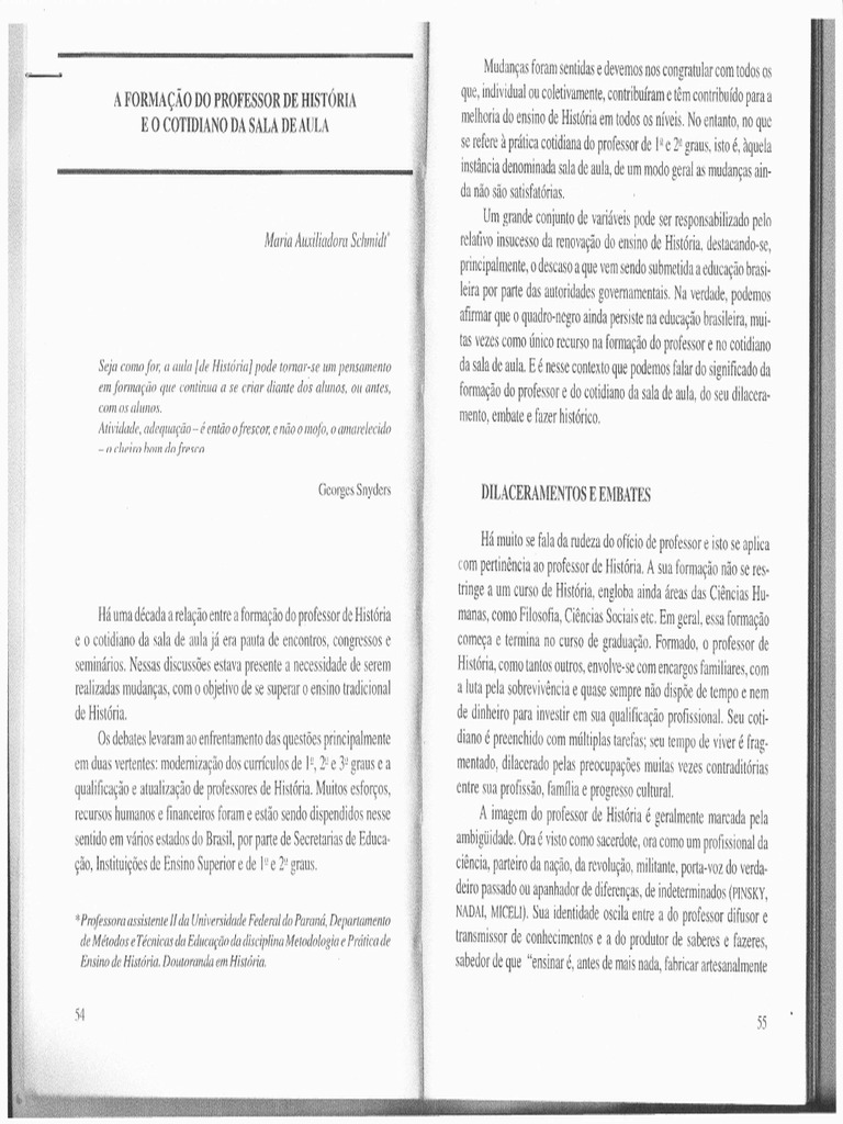 A Formação Do Professor De História E O Cotidiano Da Sala De Aula Pdf