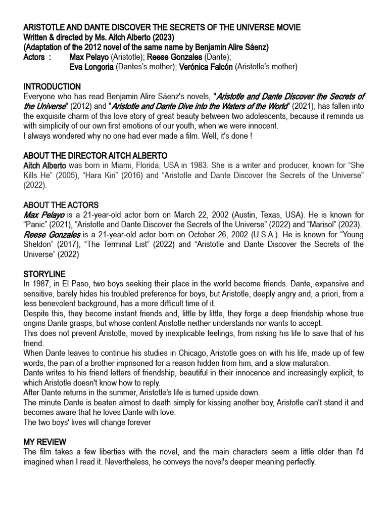 ARISTOTLE AND DANTE DISCOVER THE SECRETS OF THE UNIVERSE MOVIE | PDF