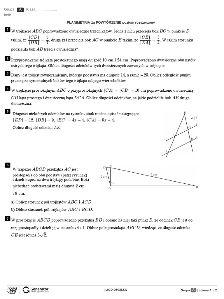 Powt Rzenie Planimetria KL 1 Zadania | PDF