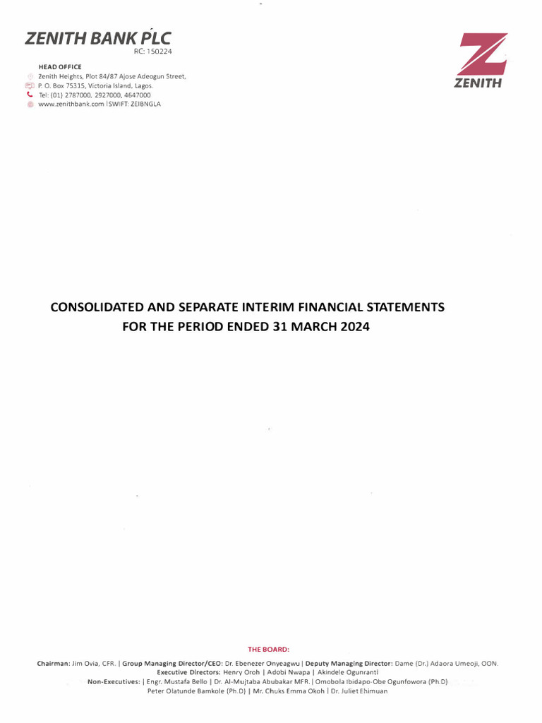 Zenith Bank PLC - Quarter 1 - Financial Statement For 2024 Financial ... Zenith Bank PLC - Quarter 1 - Financial Statement For 2024 Financial ...