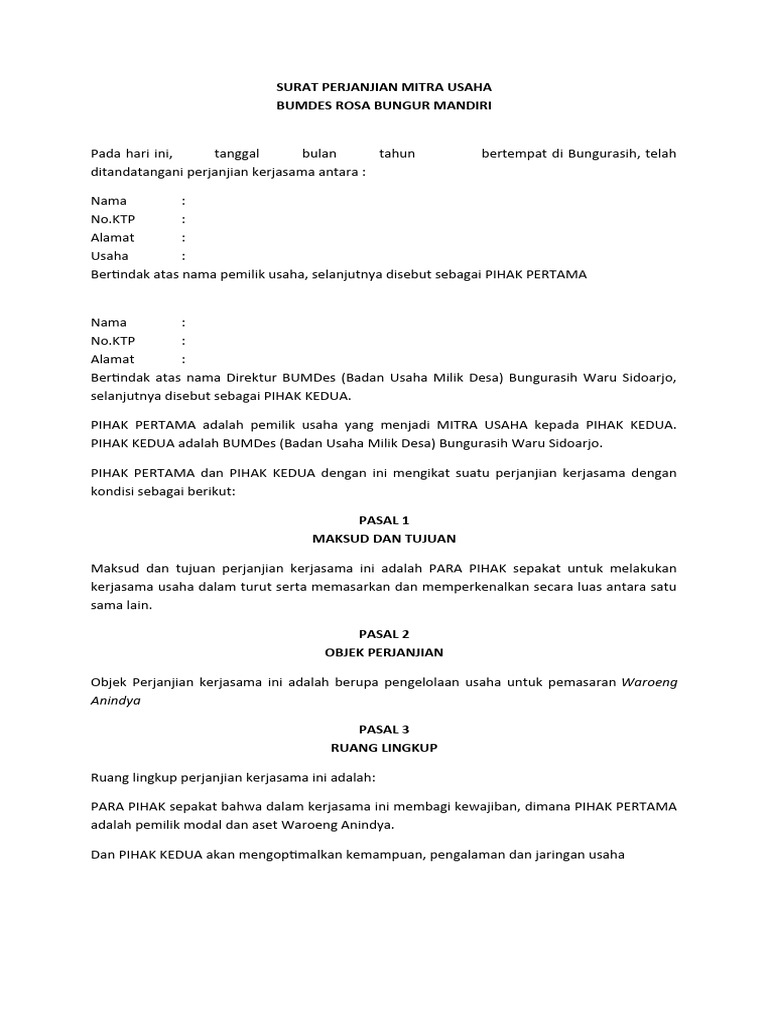 Surat Perjanjian Mitra Usaha | PDF