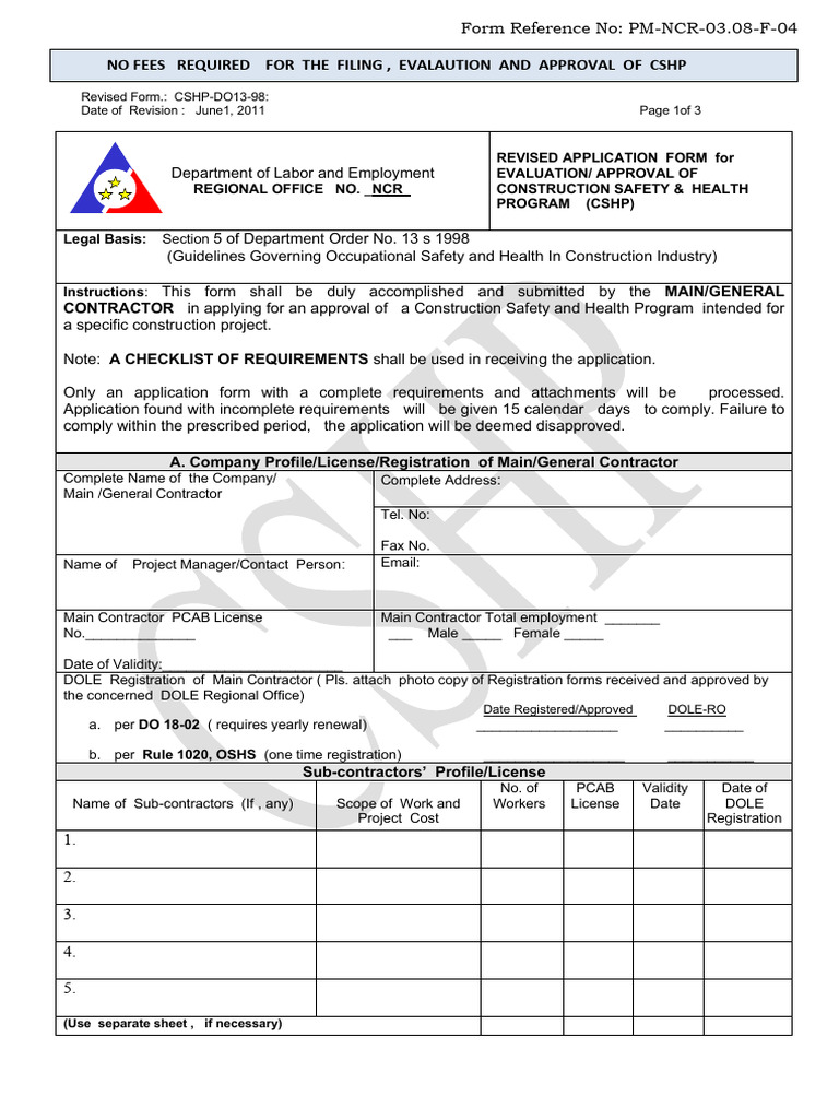 Comprehensive CSHP Application Form | PDF | Occupational Safety And ...