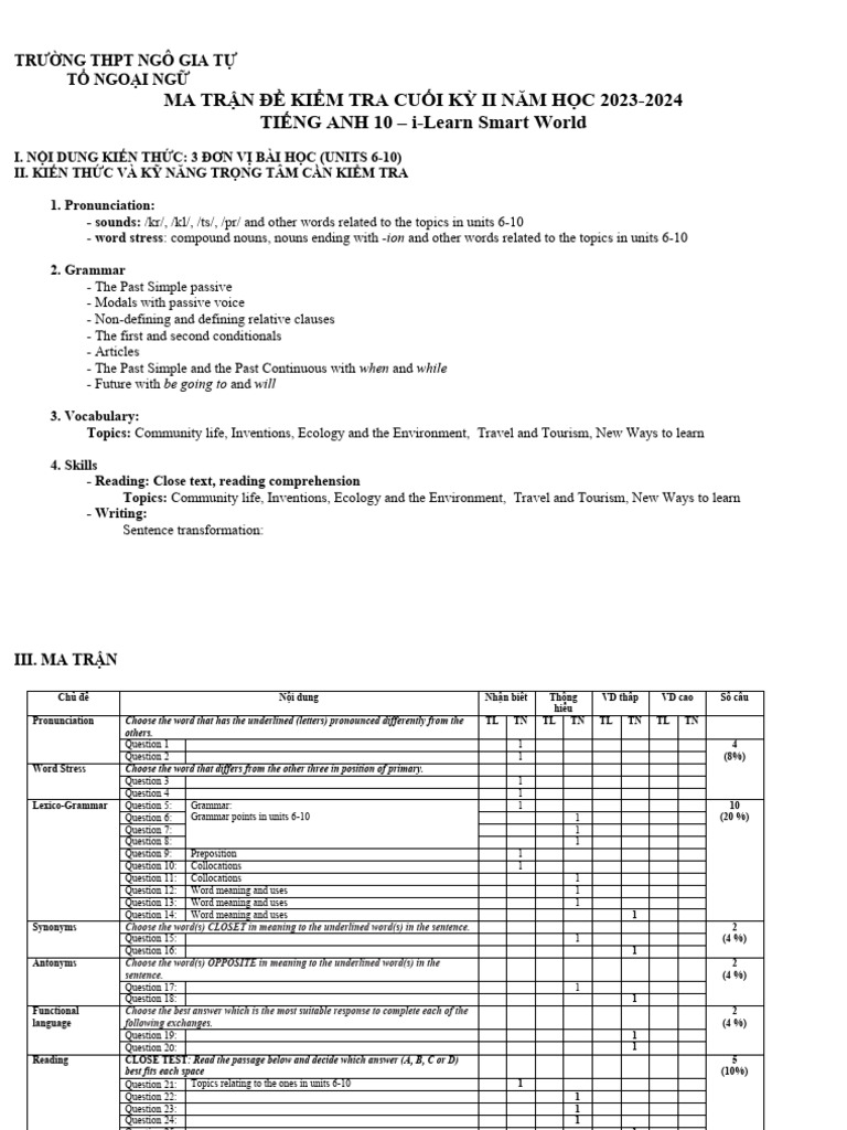 Ma Tran de Kiem Tra Giua Ki Ii Ta 10 | PDF | Sentence (Linguistics) | Semantics