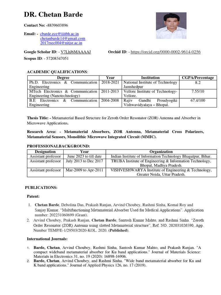 Chetan Barde Resume | PDF | Metamaterial | Antenna (Radio)