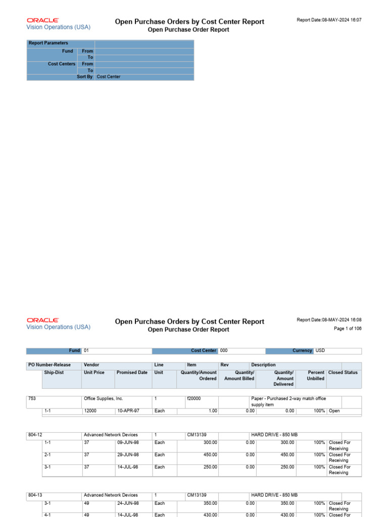Open Purchase Orders by Cost Center | PDF | Computer Hardware | Computing