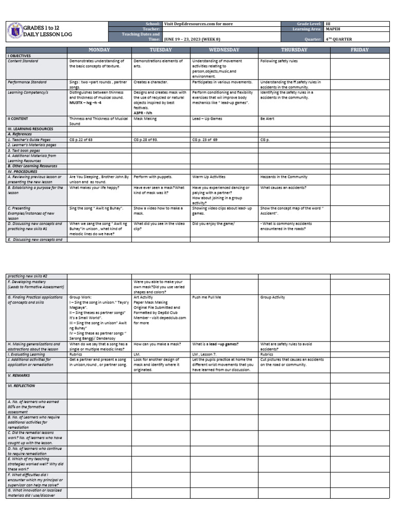 DLL - Mapeh 3 - Q4 - W8 | PDF | Learning | Cognitive Psychology
