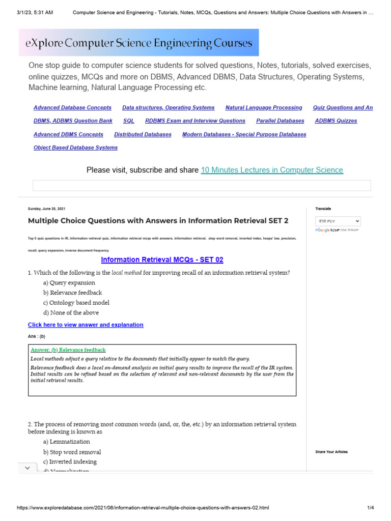 CS Exam Prep: MCQs & Answers | PDF | Databases | Information Retrieval