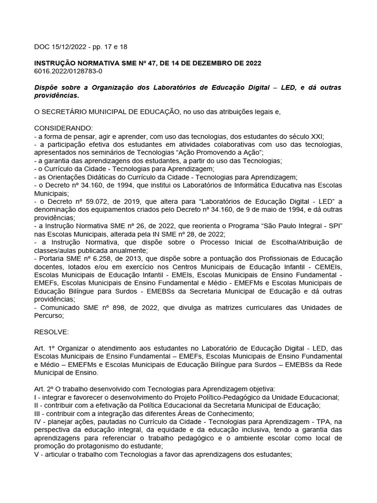 Instruo Normativa Sme 47 2022 Organizao Dos Laboratrios de Educao Digital Led | PDF | Pedagogia ...
