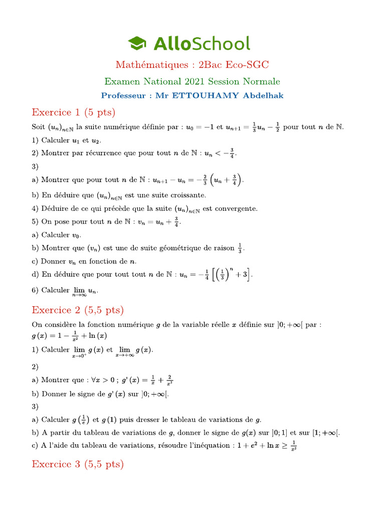 Math 2bac Eco SGC Examen National 2021 Normale 2 | PDF