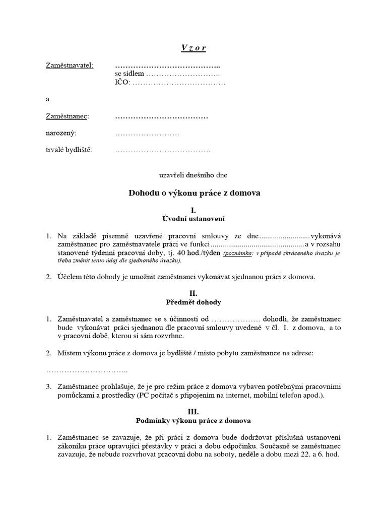 Dohoda o Výkonu Práce Z Domova - Vzor | PDF
