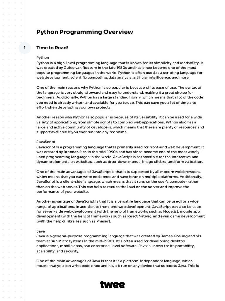 Twee - Python Programming Overview | PDF | Java (Programming Language) | C++