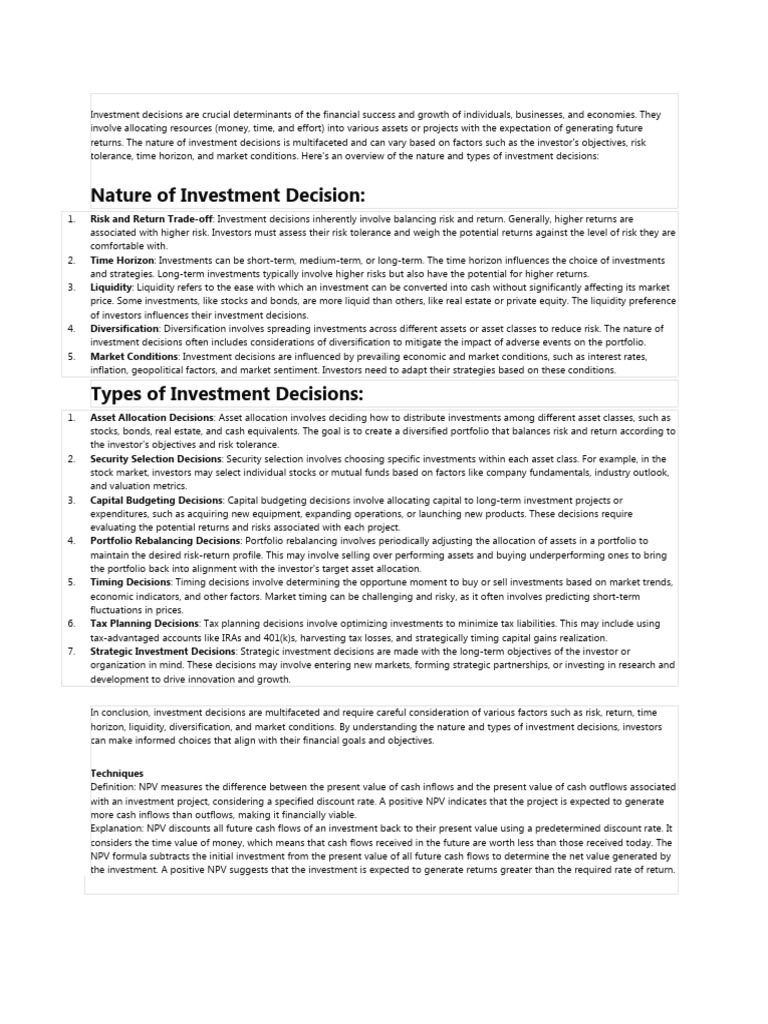 Investment Decisions and Techniques | Download Free PDF | Net Present ... Investment Decisions and Techniques | Download Free PDF | Net Present ...