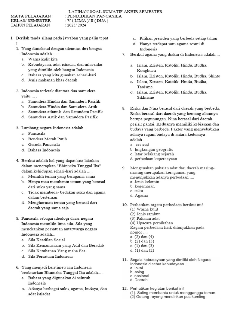 Latihan Soal Sas Pancasila KLS 5 | PDF