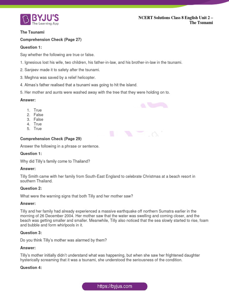 Ncert Solutions 9march For Class 8 English Unit 2 The Tsunami ...