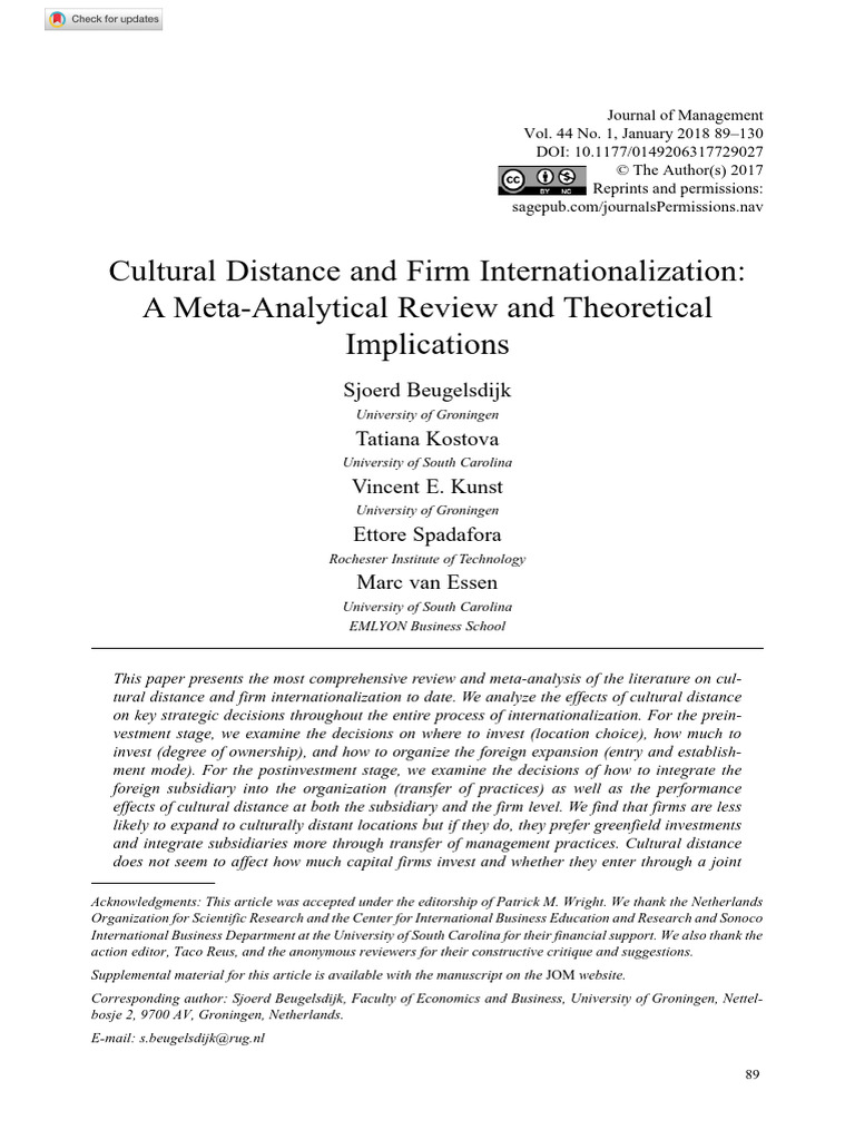 Beugelsdijk Et Al 2017 Cultural Distance and Firm Internationalization A Meta Analytical Review ...