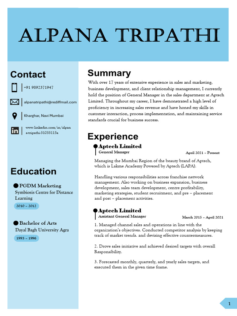 Alpana Tripathi Resume | PDF | Sales | Marketing