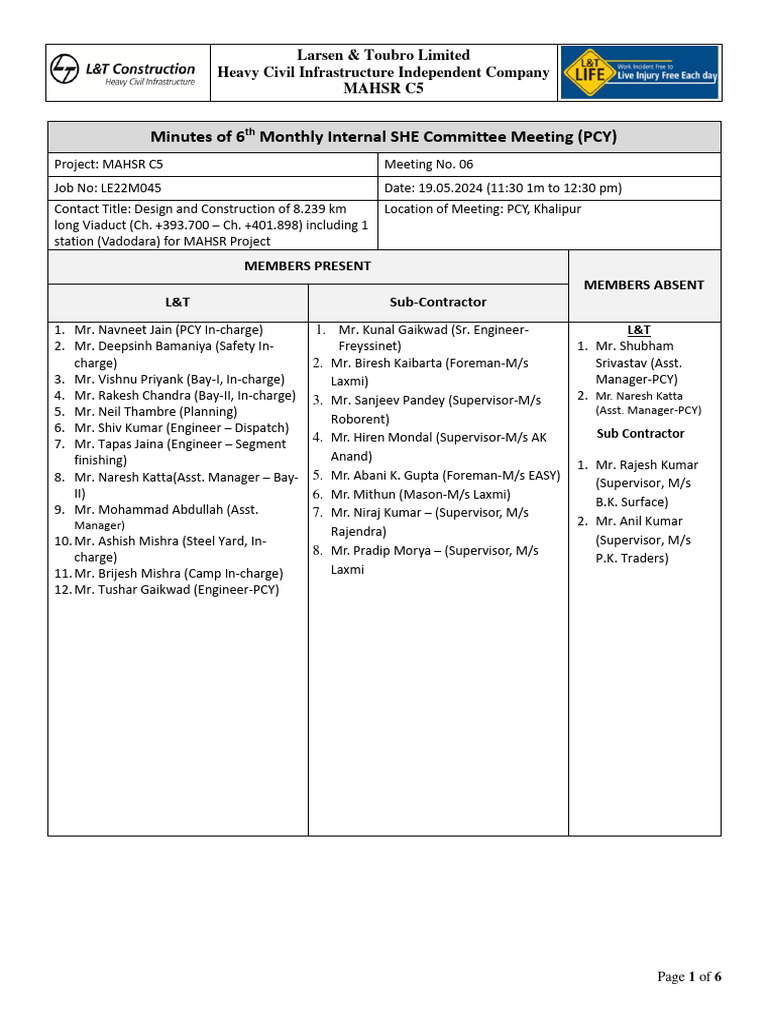 MAHSR C5 SHE Meeting Minutes 06 | PDF