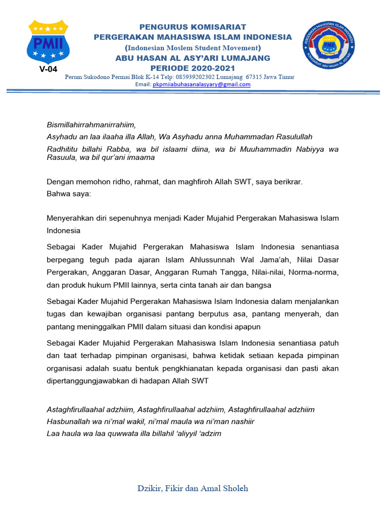Teks Baiat Kader PMII 2020-2021 | PDF