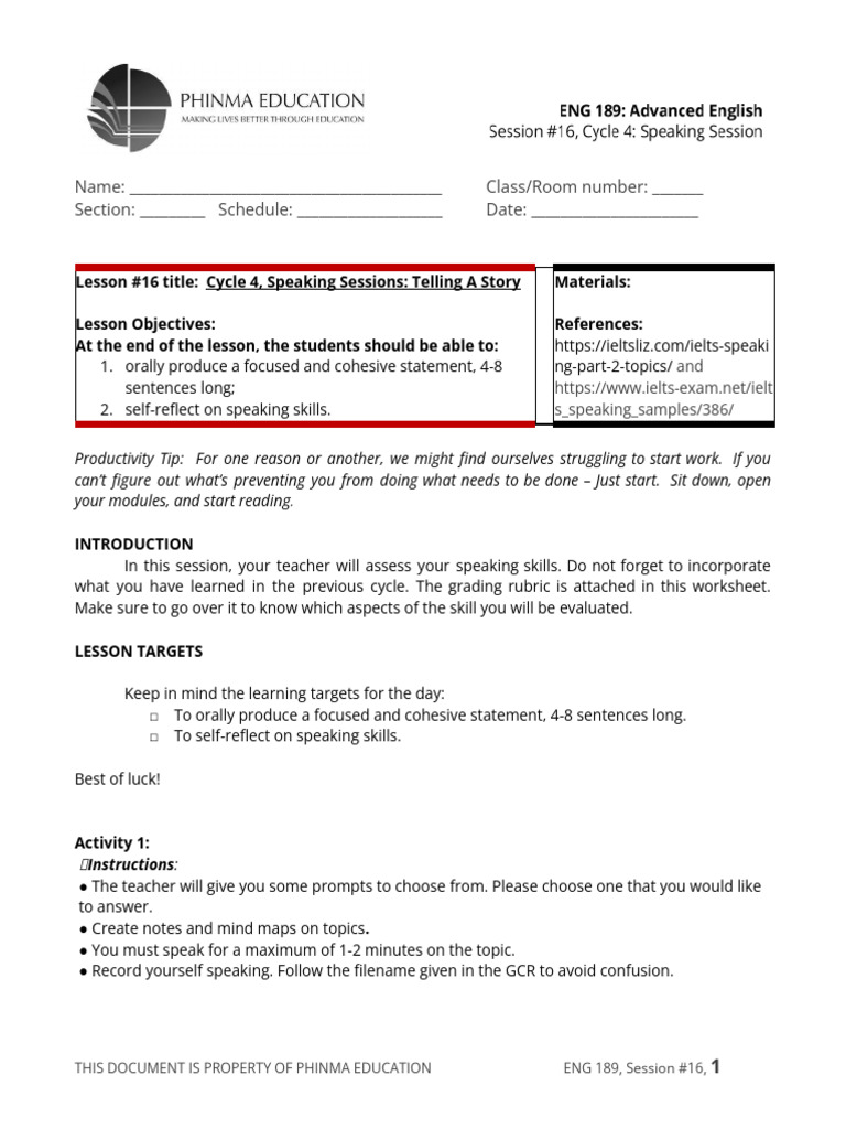 ENG-189 SAS16 Speaking 2324 | PDF | Rubric (Academic) | Human Communication