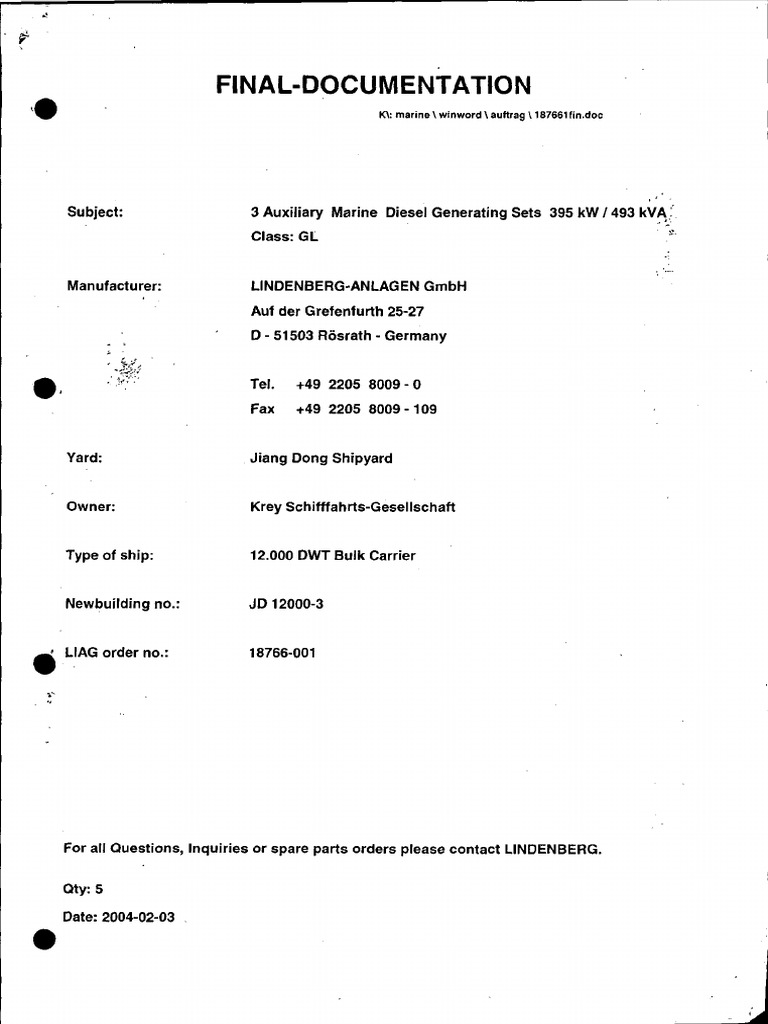 4.1 Final Documentation - 3 Auxiliary Marine Diesel Generating Sets 395 KW - 493 KVA Class - GL ...