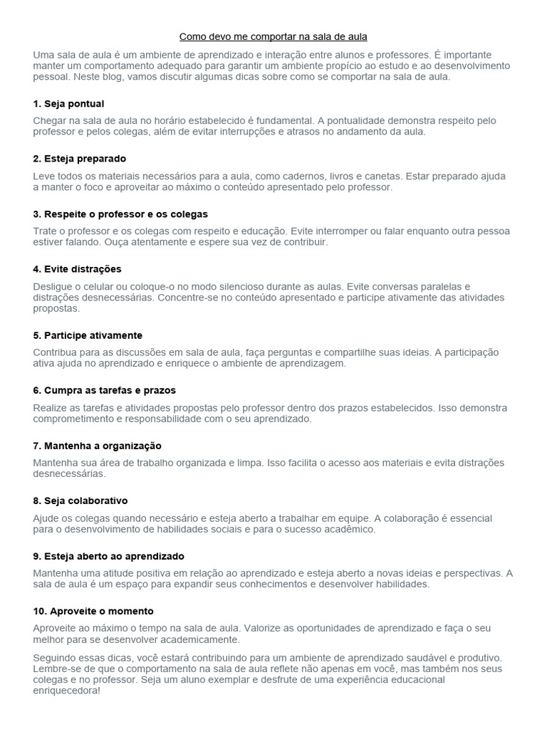 Como devo me comportar na sala de aula | PDF | Aprendizado | Lição