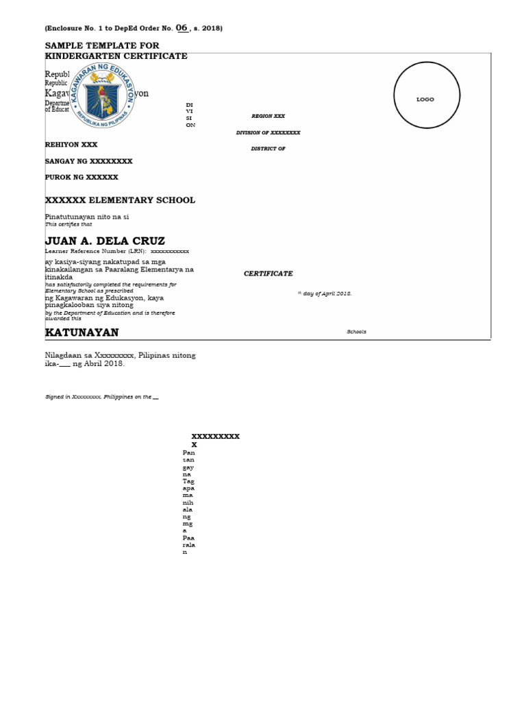 Editable Sample Certificate Template For Kinder, Grade 6, Grade 10, Grade 12 Certificate | PDF ...