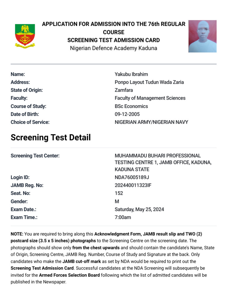 Nda 76th Examcard | PDF