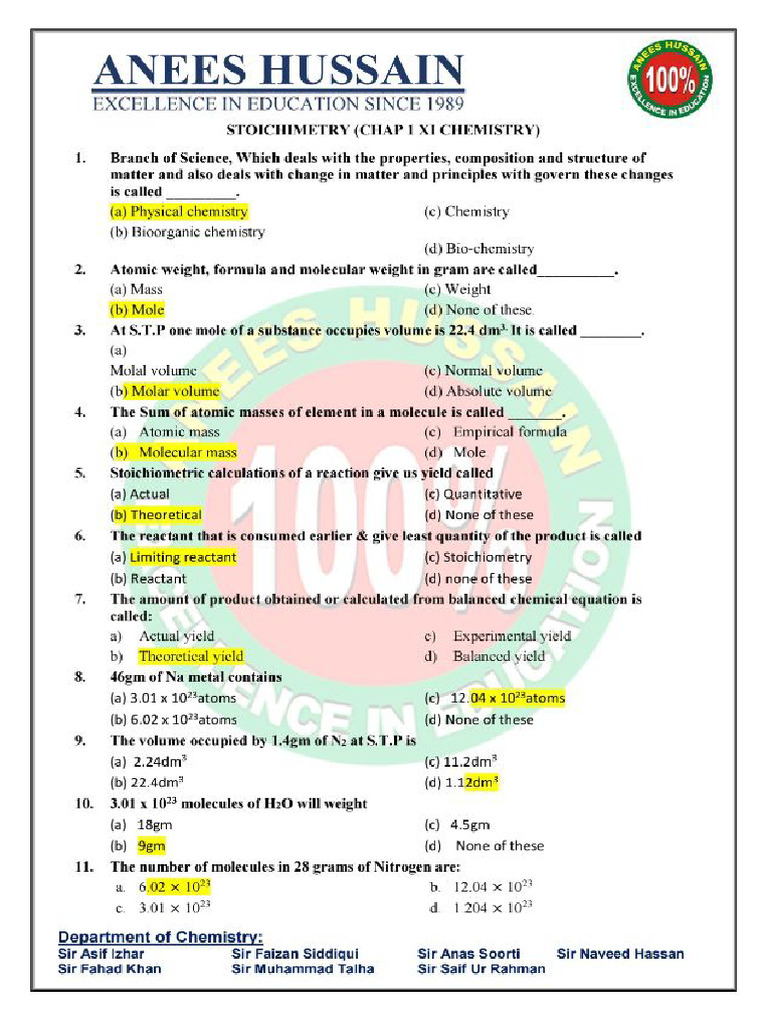 Anees Hussain CH 1,2,4,5,6,11 MCQs Chem | PDF