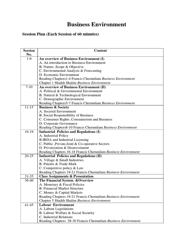 Business Environment Course Plan | PDF | Economics | Market (Economics)