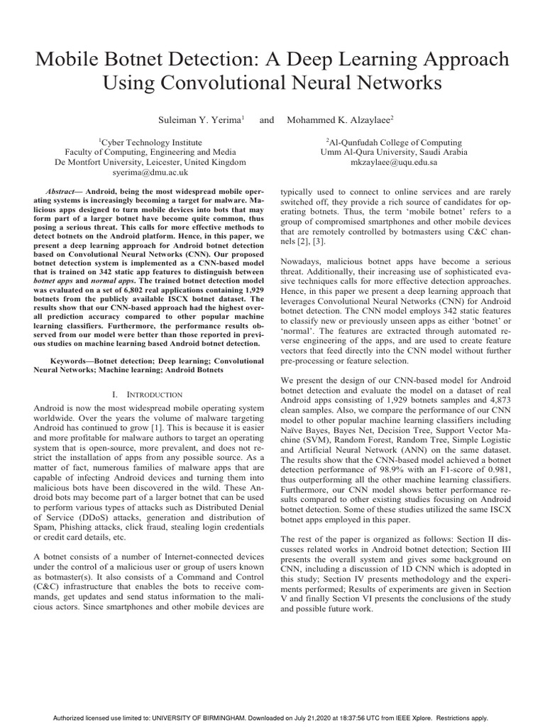 Mobile Botnet Detection A Deep Learning Approach Using Convolutional Neural Networks | PDF ...