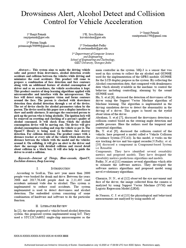 Drowsiness Alert, Alcohol Detect and Collision Control For Vehicle ...