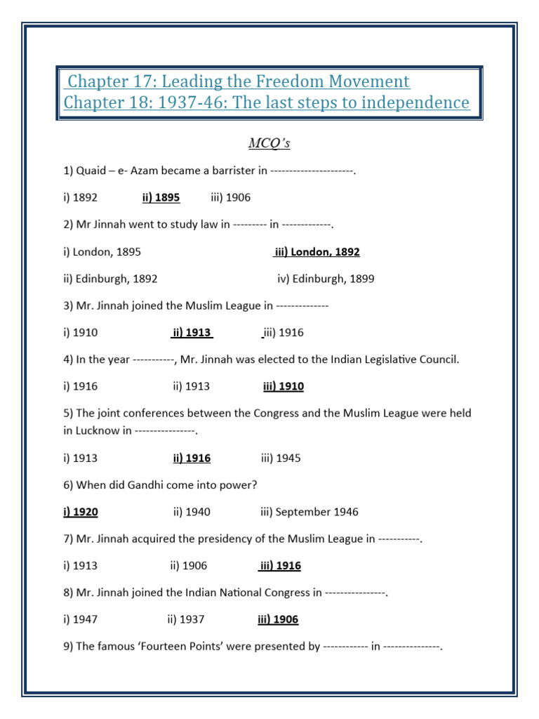 Social Studies Chapter 17+ 18 MCQ's | PDF | Muhammad Ali Jinnah ...